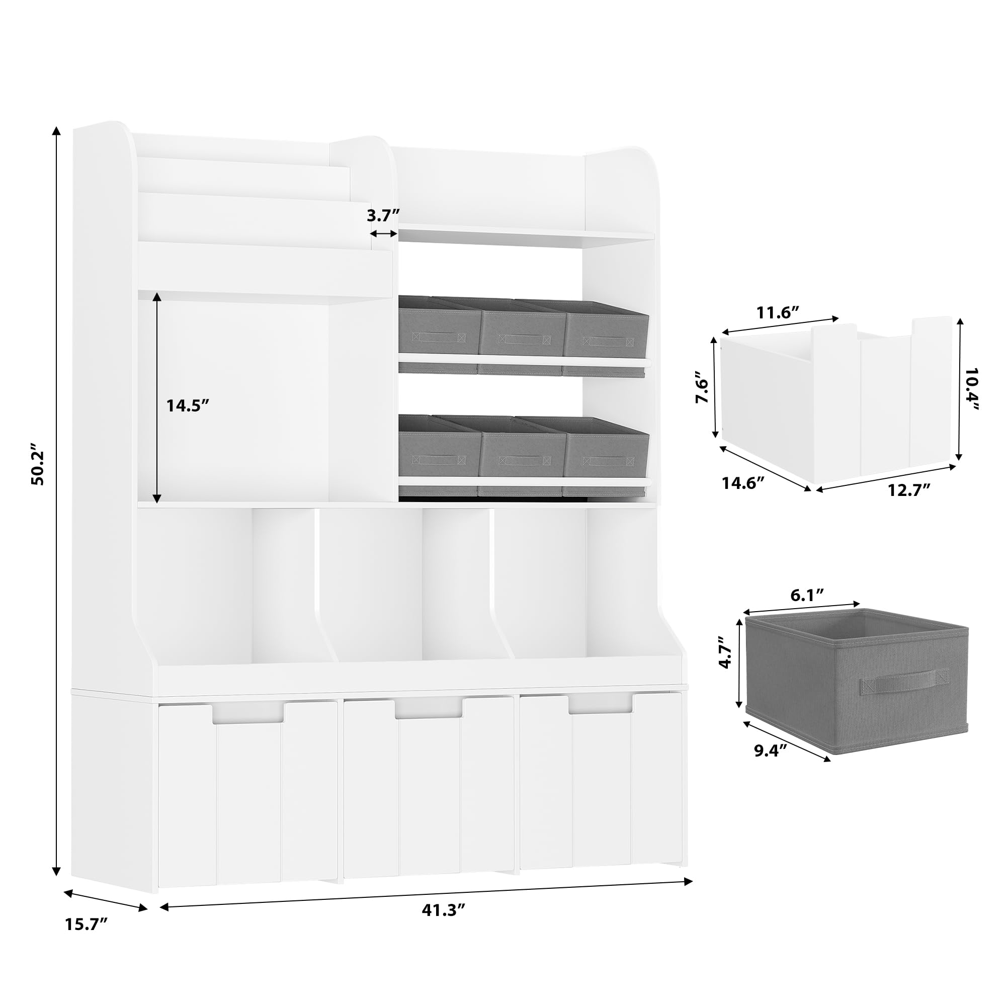 BOTLOG 50.2" Toy Organizers and Storage with Rolling Drawers, Kids Bookshelf and Toy Storage with 6 Fabric Drawers, Floor Storage Cabinet Toy Chest for Kids Room, Playroom, White, Modern