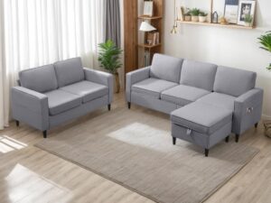 cecer 5 seaters upholstered sectional sofa, linen fabric sofa couch with side pockets, 3 seater couch and chair with movable storage ottoman, for living room-sofa&loveseat&ottoman,light grey