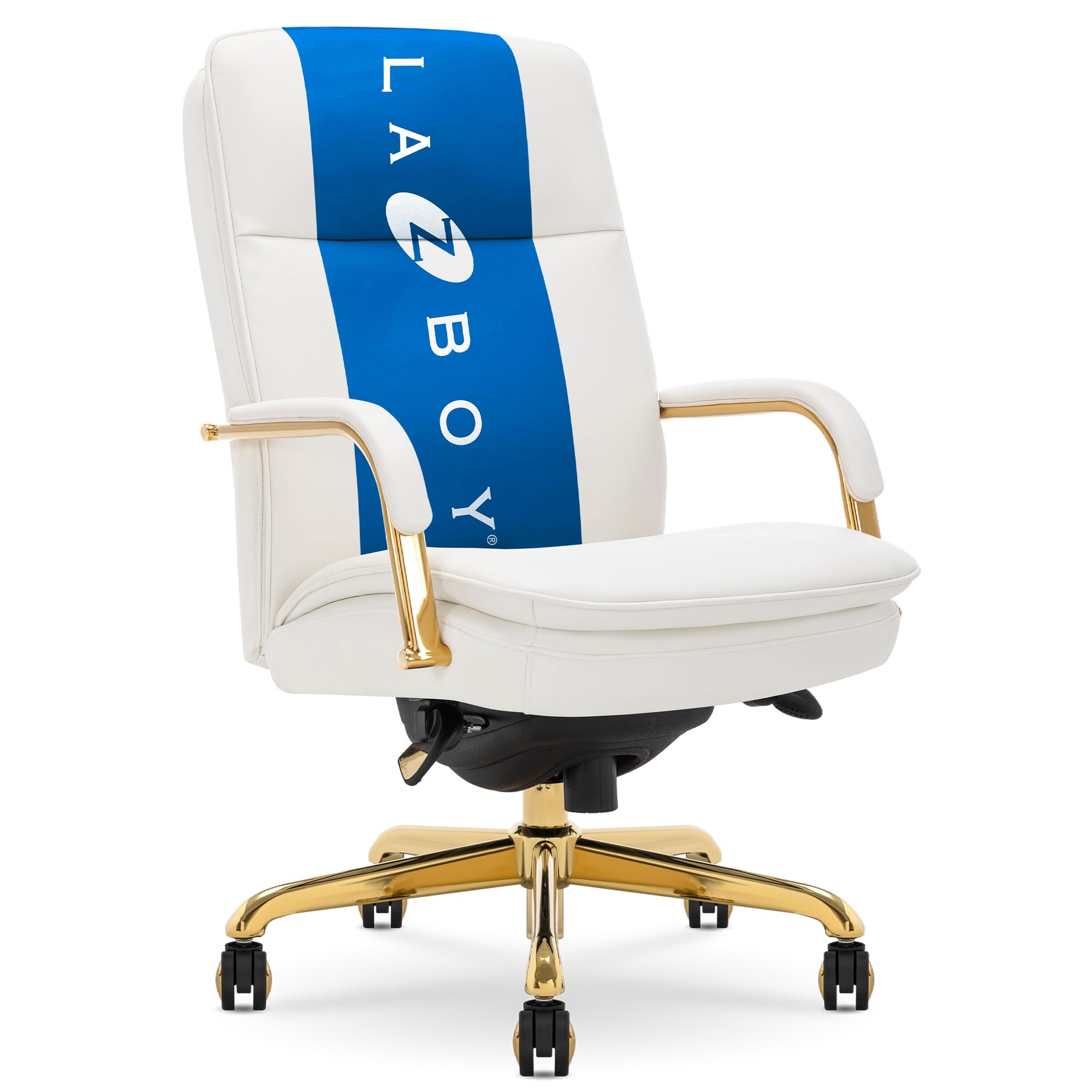 La-Z-Boy® Opus Executive Mid-Back Office Chair, Channel-Tufted Seat and Back, Double-Layer Cushion, Padded Arms, Ergonomic Computer Desk Chair, Swivel Metal Base, Bonded Leather, White and Gold