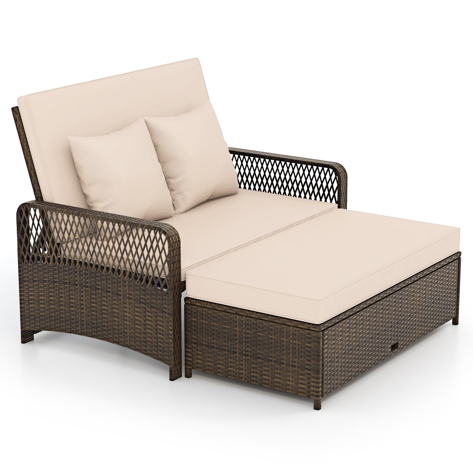 Tangkula Patio Adjustable Wicker Daybed, Rattan Loveseat & Storage Ottoman w/ 4-Level Backrest & Soft Cushions, Space-Saving 2-Person Sun Lounger for Backyard, Porch (Beige)