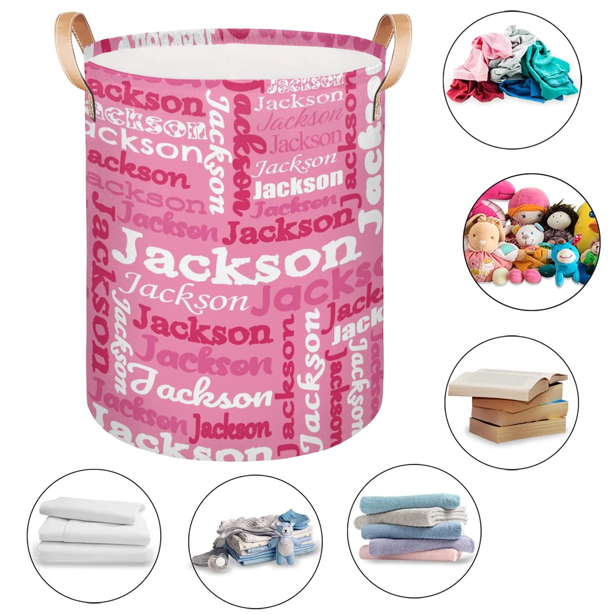 SPYORBKX Custom Laundry Basket with Name, Personalized Baby Laundry Hamper for Bedroom Bathroom, Round Storage Basket with Handle for Men Women Rose Pink