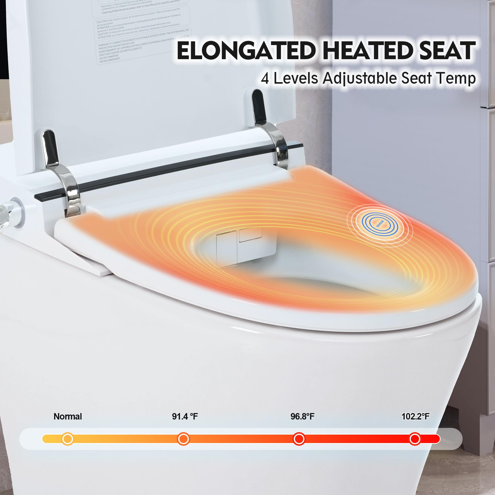 Heated Seat Smart Toilet, without Bidet, Upmarket Compact Dual Flush Toilet, 1/1.28 GPF, Tank less toilet with Adjustable Temp Heated Seat, Foot sensor Flush, White Night Light, Knob Control