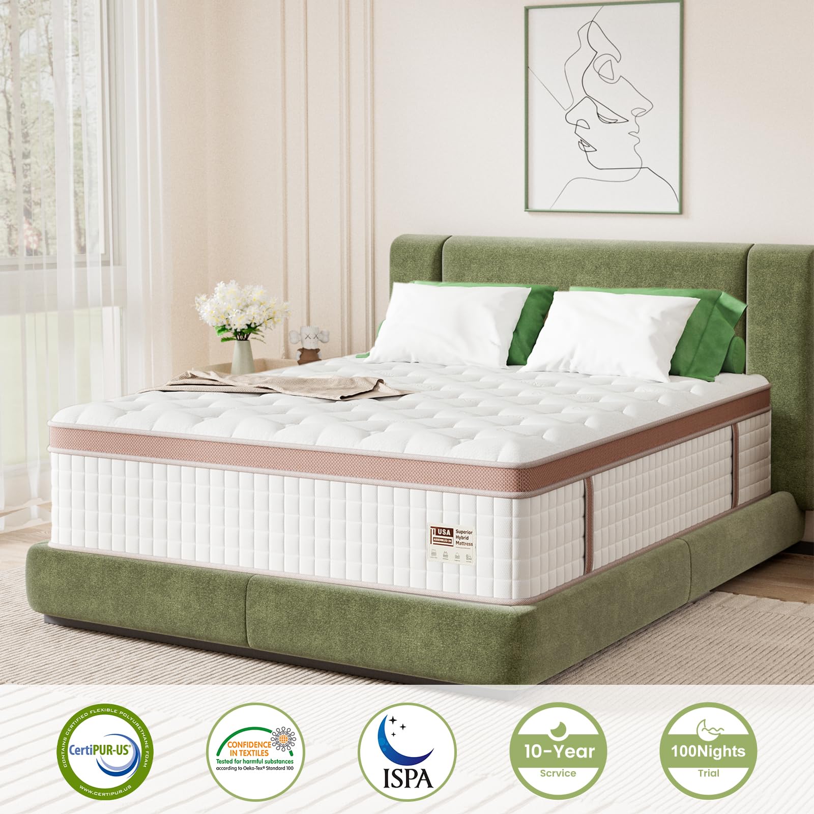 King Mattress 14 Inch - Superior Hybrid Mattress In a Box for Back & Lumbar Support, 100 Night Trial, Individual Pocket Spring Bed for Motion Isolation & Pressure Relief, CertiPUR-US Certified