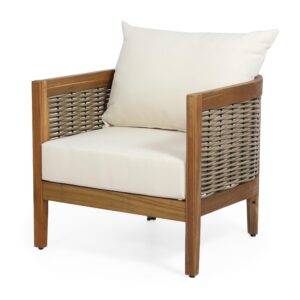 Merax Set Outdoor Acacia Wood Wicker 2 Club Chairs with Side Table,Patio Furniture Conversation Seat for Backyard, Beige