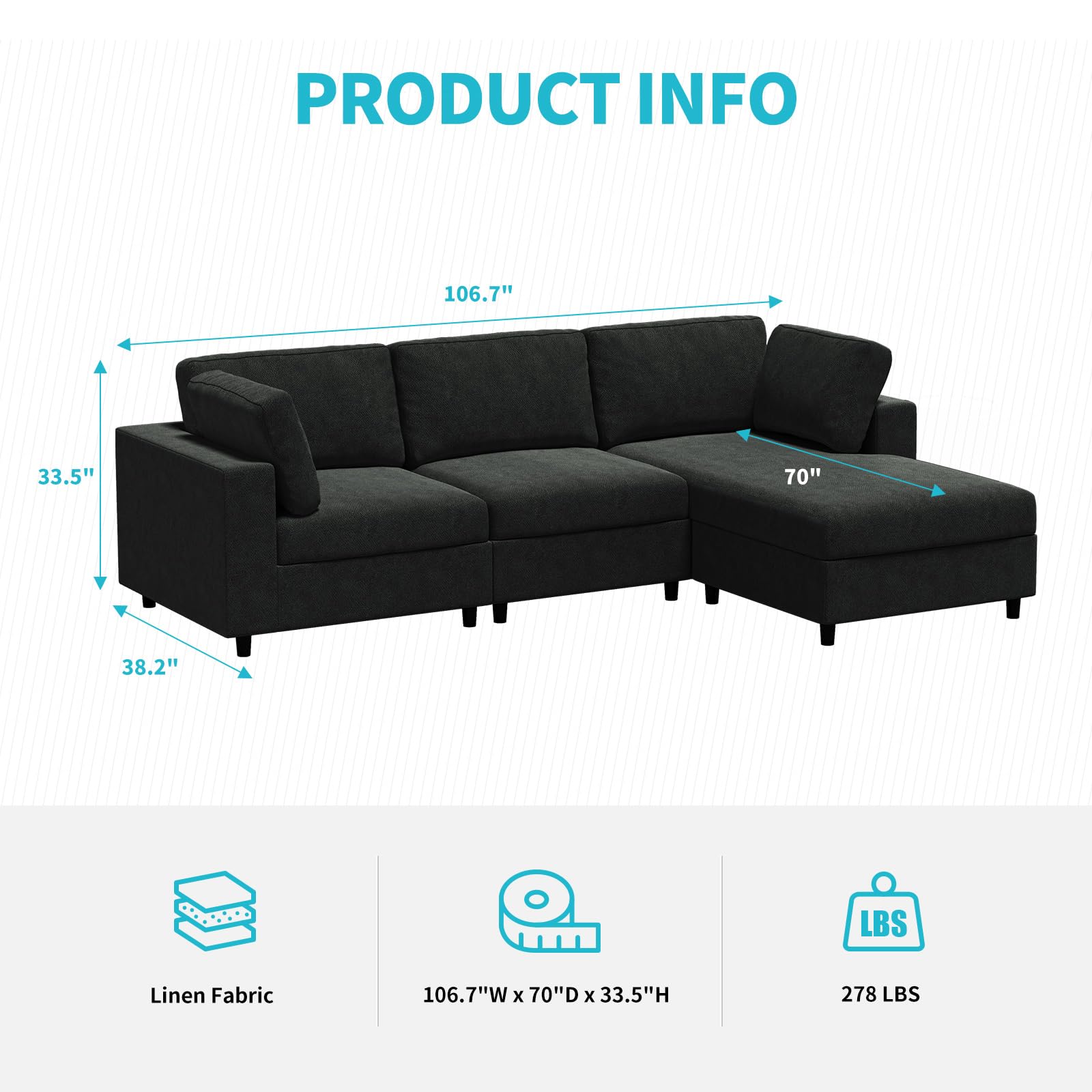 CECER 106" Convertible Sectional Velvet Sofa,4 Seater Oversized Cloud Couch,L Shaped Modern Upholstered Couch with Pillows and Lounge Chaise for Living Room/Office-Dark Grey