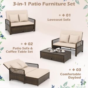 Tangkula Patio Adjustable Wicker Daybed, Rattan Loveseat & Storage Ottoman w/ 4-Level Backrest & Soft Cushions, Space-Saving 2-Person Sun Lounger for Backyard, Porch (Beige)