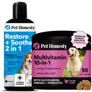 pet honesty restore + soothe 2 in 1 shampoo + conditioner for sensitive skin for dogs & cats (coconut) 16oz + multivitamin dog supplement with glucosamine, probiotics, omega fish oil for skin and coat