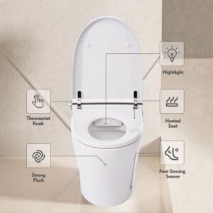 Heated Seat Smart Toilet, without Bidet, Upmarket Compact Dual Flush Toilet, 1/1.28 GPF, Tank less toilet with Adjustable Temp Heated Seat, Foot sensor Flush, White Night Light, Knob Control