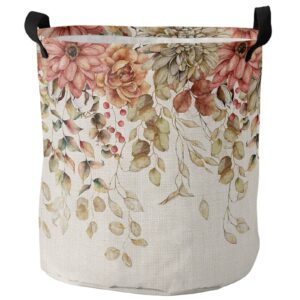 laundry basket, fall thanksgiving red sage green dahlia and rose flower eucalyptus leaf beige waterproof collapsible clothes hamper large storage bag for bedroom bathroom,16.5x17in