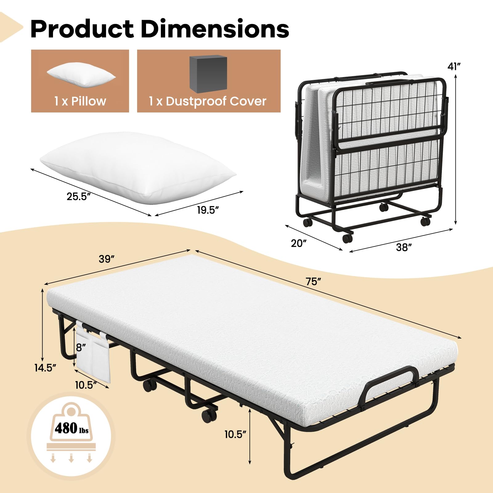 Giantex Folding Bed with Mattress and Top Pillow, Twin Size Portable Guest Bed w/Metal Frame, Storage Pocket, Space-Saving Rollaway Bed with Memory Foam Mattress for Adults, Foldable Bed, 75" x 39"