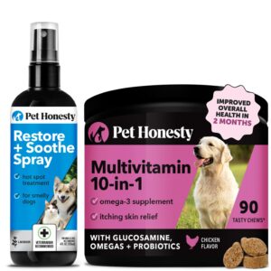 pet honesty restore + soothe hot spots spray for dogs & cats (lavender) 4oz + multivitamin dog supplement with glucosamine, probiotics, omega fish oil for skin and coat allergies (chicken 90 ct)