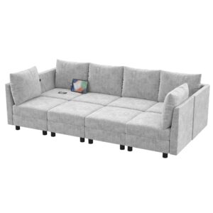 Fiona's magic 106'' Modular Sectional Sofa Sleeper Set, 8 Seats Sleeper Couch with Storage, U Shaped Sofa Couch with USB Charging Port, Modern Comfy Chenille Couch for Living Room, Light Grey