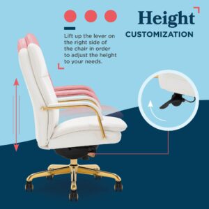 La-Z-Boy® Opus Executive Mid-Back Office Chair, Channel-Tufted Seat and Back, Double-Layer Cushion, Padded Arms, Ergonomic Computer Desk Chair, Swivel Metal Base, Bonded Leather, White and Gold