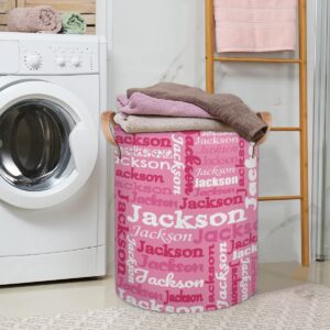 SPYORBKX Custom Laundry Basket with Name, Personalized Baby Laundry Hamper for Bedroom Bathroom, Round Storage Basket with Handle for Men Women Rose Pink