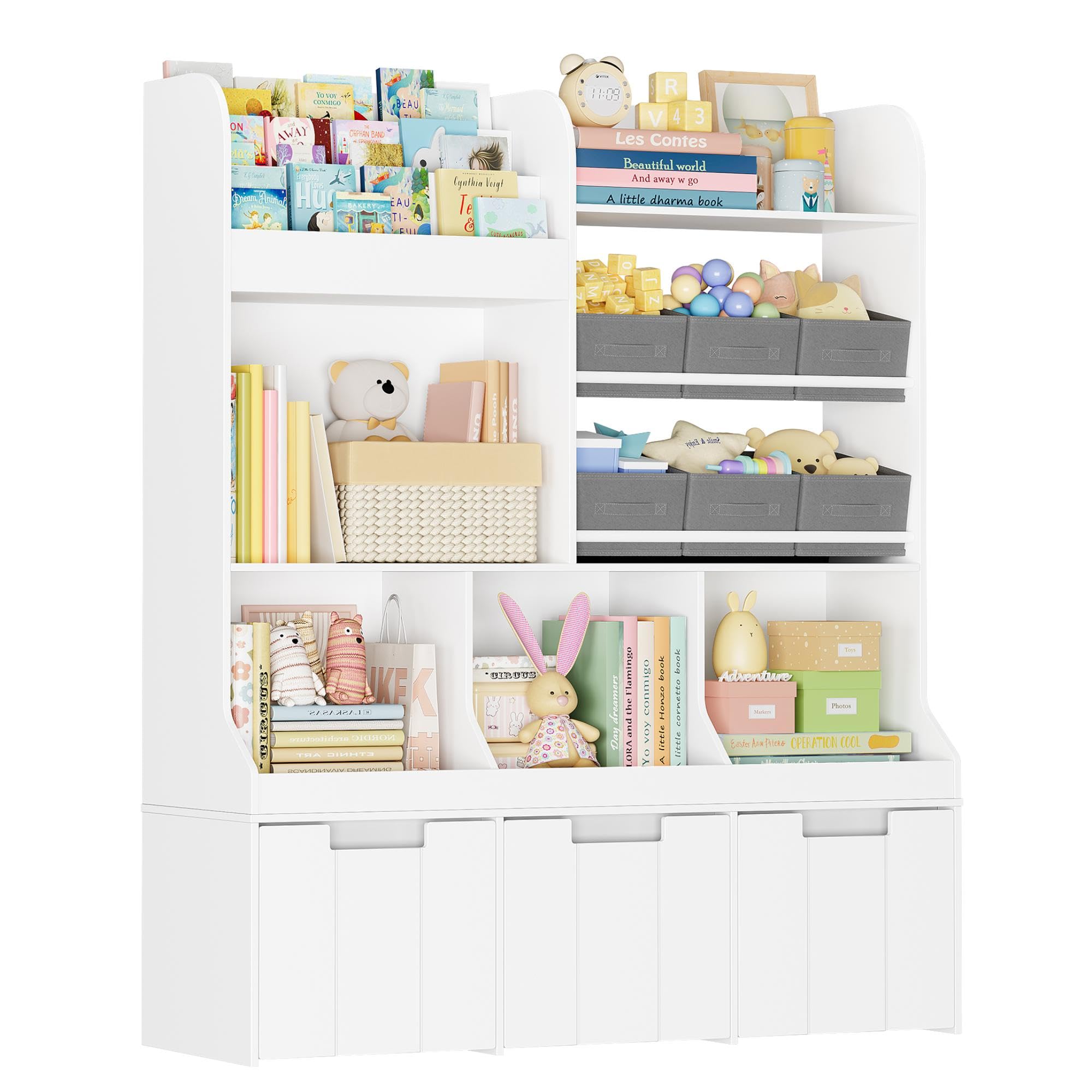 BOTLOG 50.2" Toy Organizers and Storage with Rolling Drawers, Kids Bookshelf and Toy Storage with 6 Fabric Drawers, Floor Storage Cabinet Toy Chest for Kids Room, Playroom, White, Modern