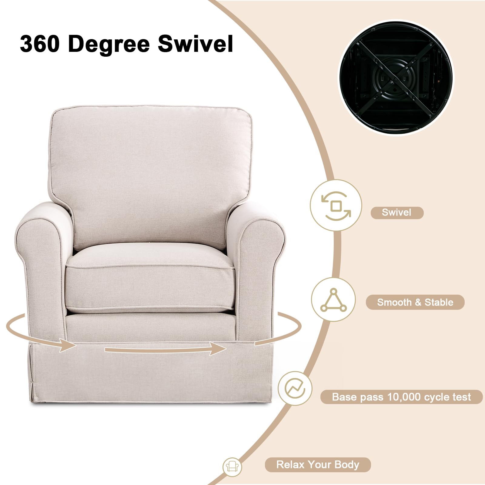 INZOY Swivel Accent Chair Linen Mid Century Modern Chair, Comfy Swivel Barrel Reading Chair, Upholstered Swivel Square Chair for Living Room Bedroom Small Spaces, Fully Assembled, Beige