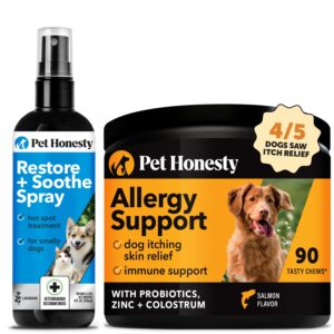 pet honesty restore + soothe hot spots spray for dogs & cats (lavender) 4oz + allergy support itch relief for dogs - dog allergy chews with probiotics for seasonal allergies, skin and coat supplement