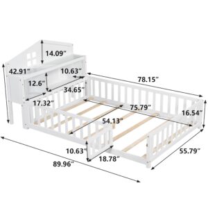 DEINPPA Full Size Floor Platform Bed with Storage Shelf and Openable Gate, Montessori Kids Platform Bed Frame with Bookcase Headboard for Toddler Kids Child Boys Girls- White