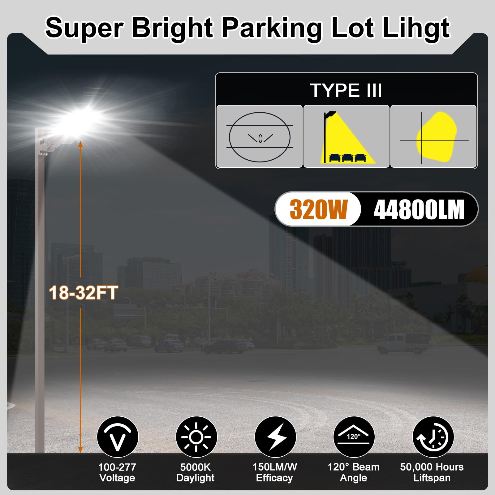 ADUB 320W LED Parking Lot Light with Photocell, UL Listed LED Pole Light Outdoor, 48000LM, LED Parking Lot Light 320W/250W/200W, LED Shoebox Light 5700K 5000K 4500K