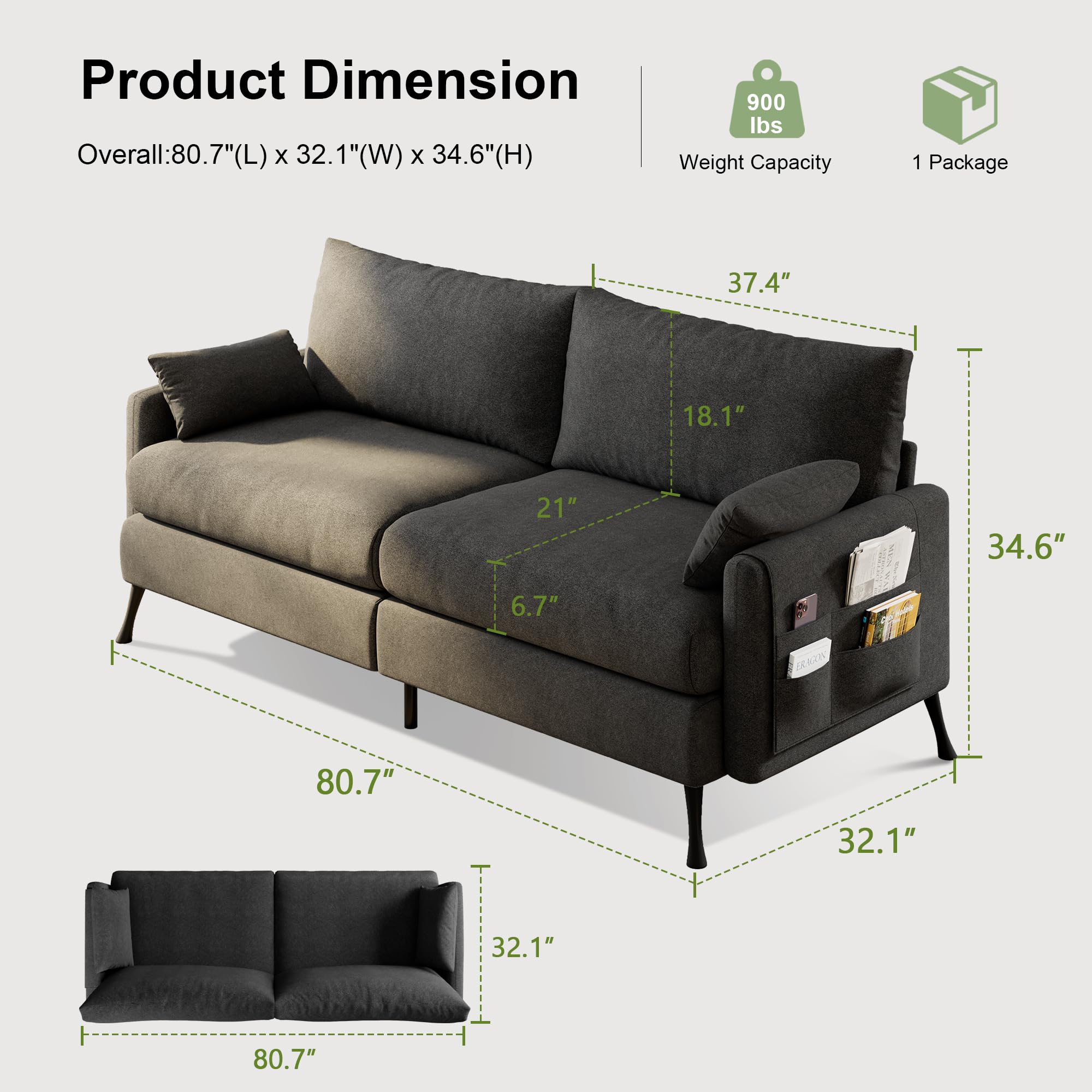 Feonase 80.7 Inch Sofa with 2 Pillows & Storage Bag, Modern Comfy Couches for Living Room, Oversized Loveseat with Thick Seat Cushion, Removable Sofa Cover, Dark Gray