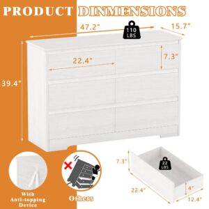 MISHAO White 6 Dresser Drawers for Bedroom, Modern Handleless Wooden Dresser Chest of Drawers, Large Storage Dresser Organizer for Living Room Entryway Closet