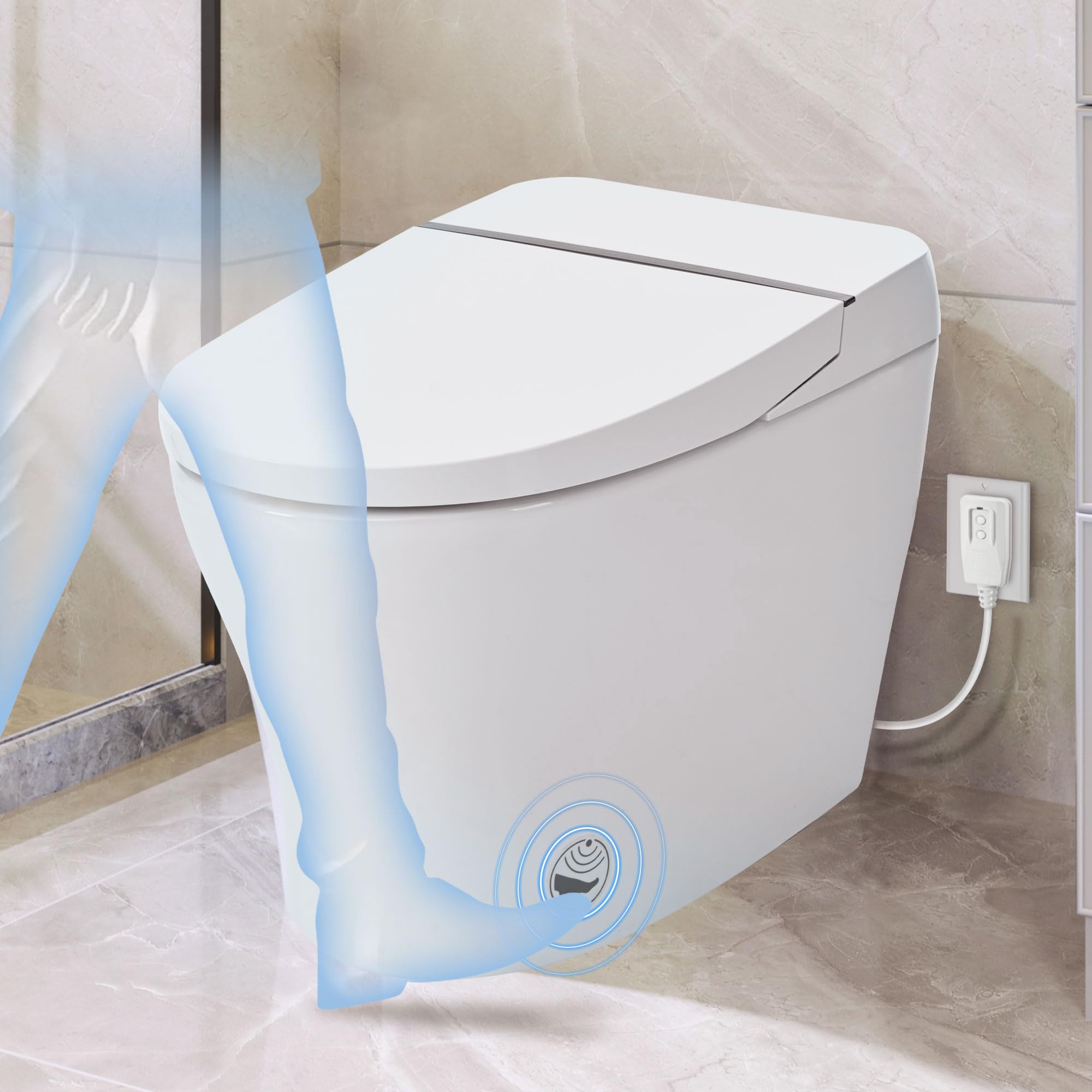 Heated Seat Smart Toilet, without Bidet, Upmarket Compact Dual Flush Toilet, 1/1.28 GPF, Tank less toilet with Adjustable Temp Heated Seat, Foot sensor Flush, White Night Light, Knob Control