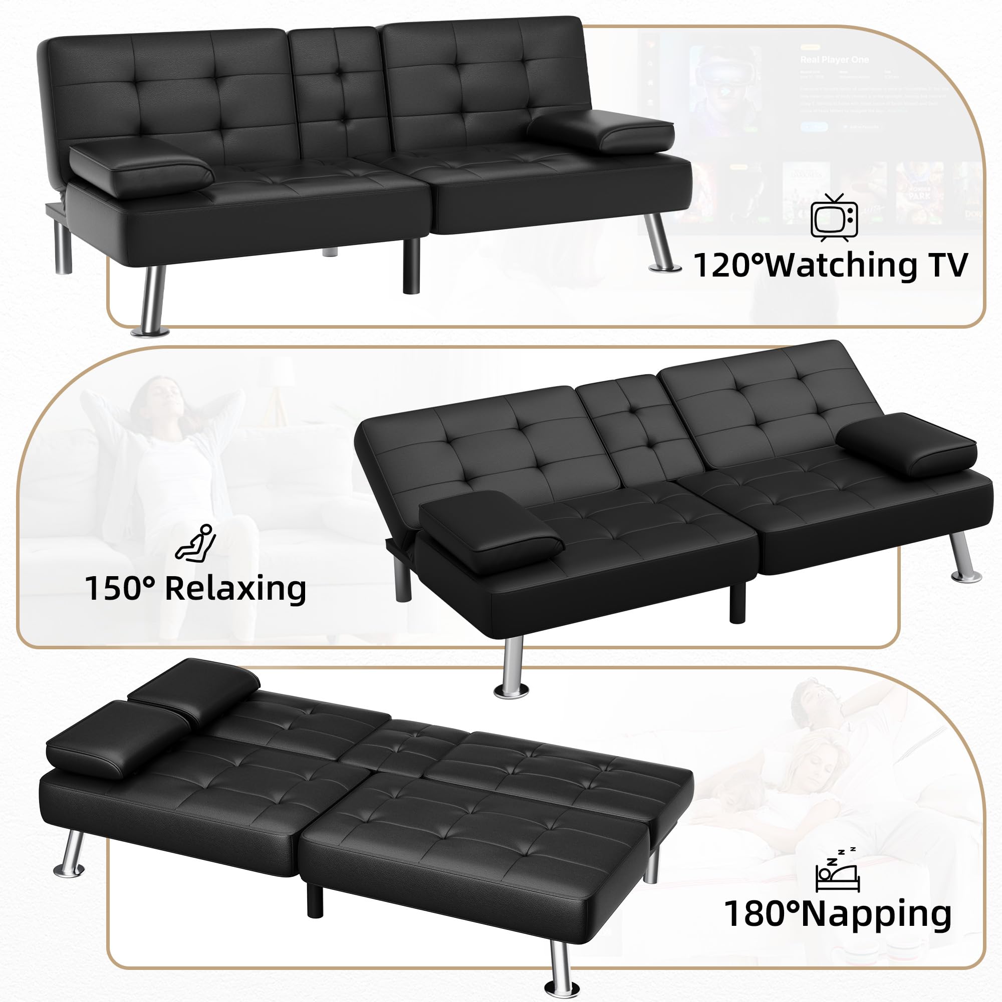 Acurax Modern Black Couch,Stylish Faux Leather Futon Sofa Bed for Home Sofa Living Room, Convertible Folding Lounge Couch,2 Cup Holders, Removable Soft Armrests,Metal Legs,Couches for Living Room