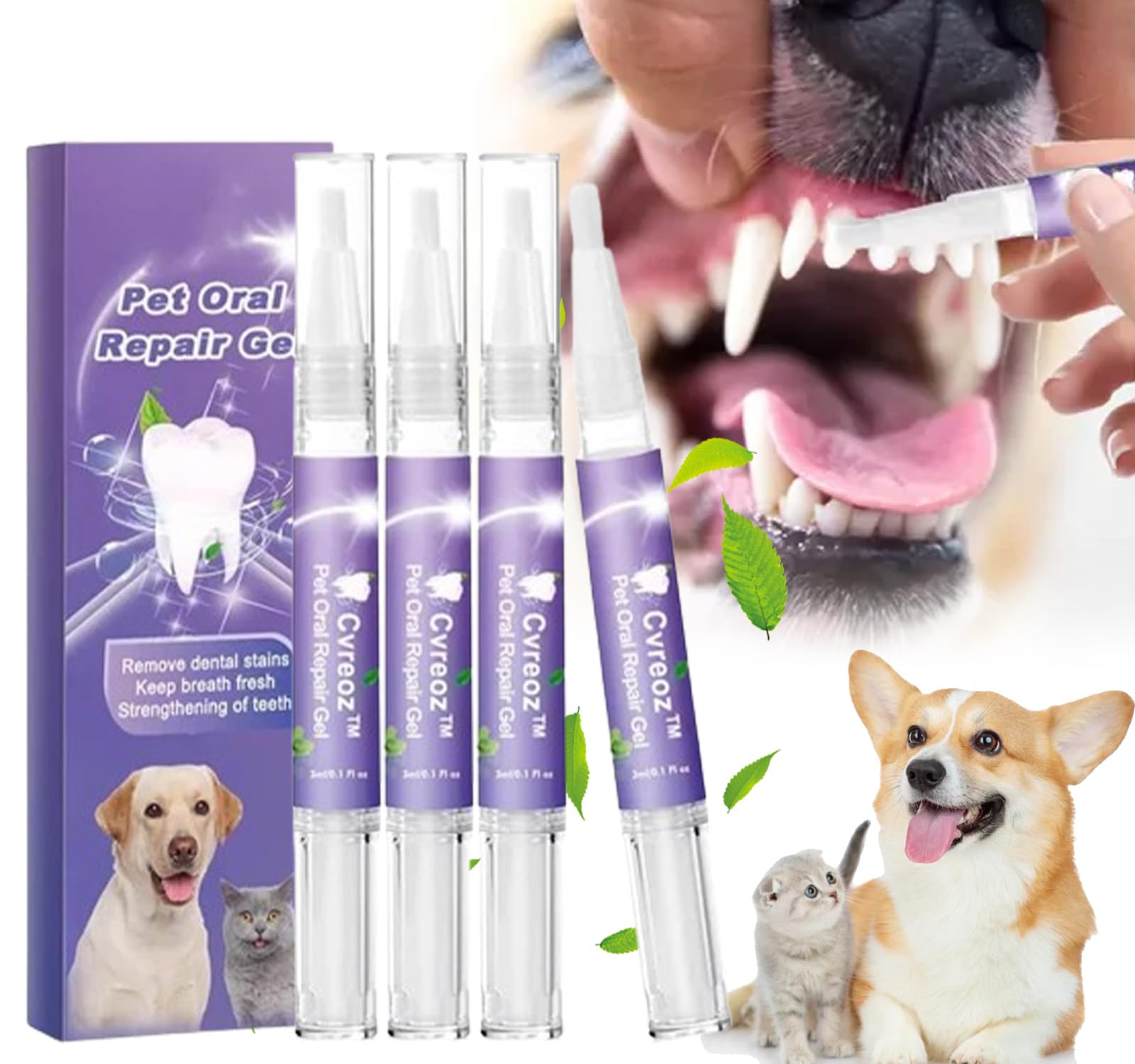 Pet Oral Repair Gel for Dogs, Pet Teeth Whitening Pen, Pet Oral Care Gel, Pet Oral Restoration White Gel, Pet Breath Freshener Gel for Dogs & Cats (4pcs)