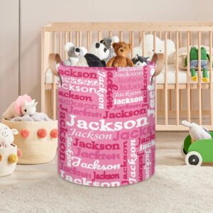 SPYORBKX Custom Laundry Basket with Name, Personalized Baby Laundry Hamper for Bedroom Bathroom, Round Storage Basket with Handle for Men Women Rose Pink