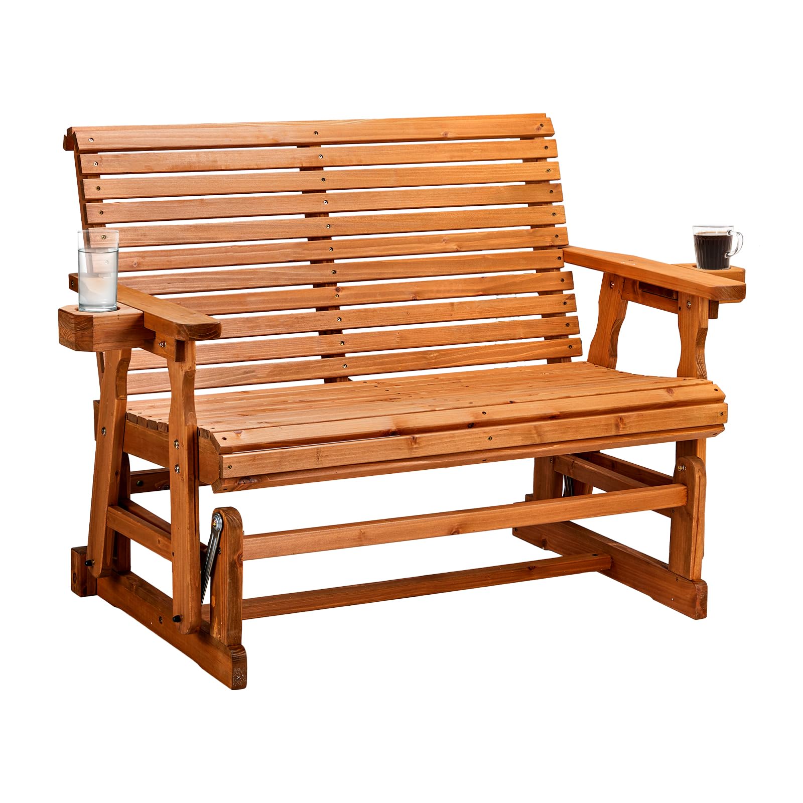 VINGLI Outdoor Glider Bench Wood Patio Glider with Cup Holders, Porch Glider Chair Outdoor Bench Glider Loveseat with Smooth Rocking Mechanism, Heavy Duty 800 LBS