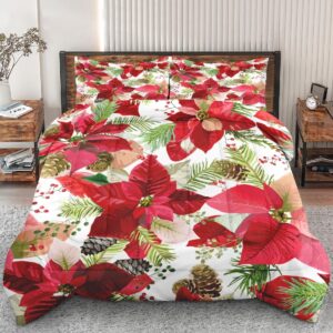 sobcbae full size comforter set with 2 pillowcases, winter flower floral, bedroom decor vintage poinsettia for kids and adults, soft bedding cozy bed set