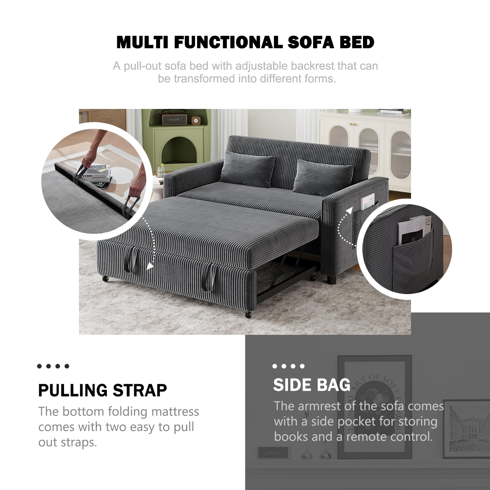 ECHINGLE 55.51" Sleeper Sofa,Corduroy Convertible Sofa Bed,Pull Out Sofa Bed with 3 Level Adjustable Backrest & Storage Pockets and 2 Toss Pillows,Modern Couch Bed for Living Room,Bedroom（Grey）