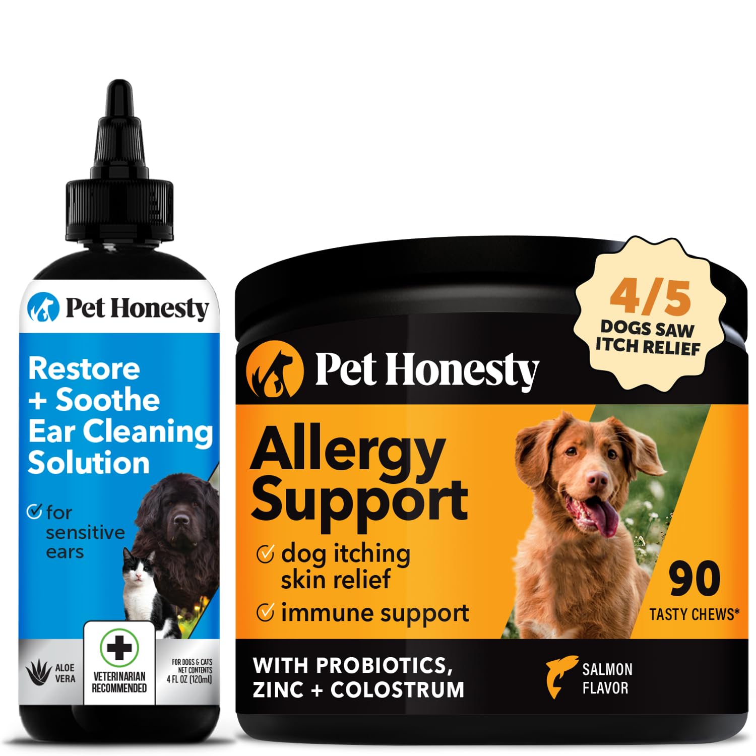 Pet Honesty Restore + Soothe Ear Cleaner for Dogs & Cats (Aloe Vera) 4oz + Allergy Support Itch Relief for Dogs - Dog Allergy Chews with Probiotics for Seasonal Allergies, Skin and Coat Supplement (Sa