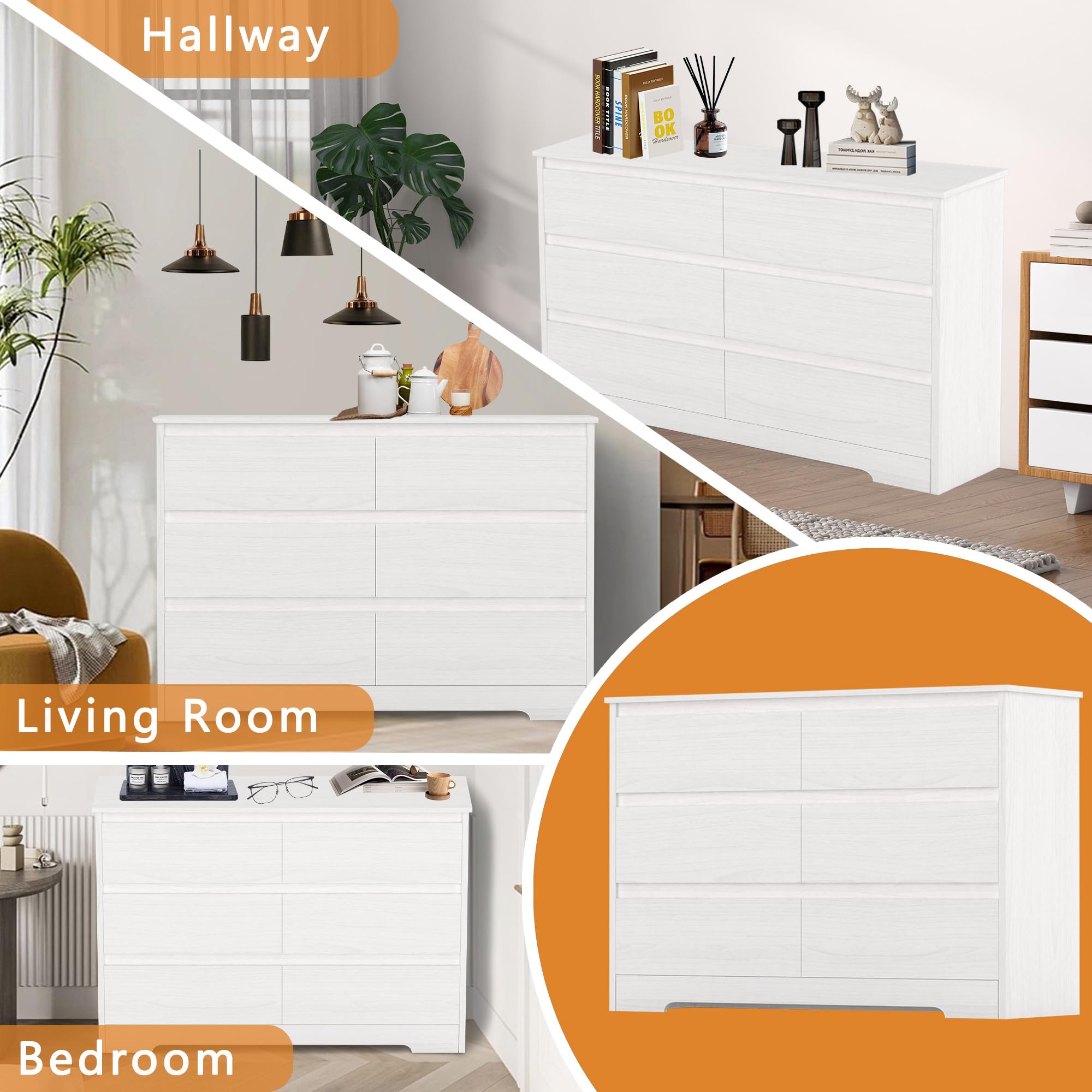 MISHAO White 6 Dresser Drawers for Bedroom, Modern Handleless Wooden Dresser Chest of Drawers, Large Storage Dresser Organizer for Living Room Entryway Closet