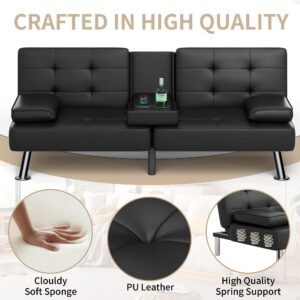 Acurax Modern Black Couch,Stylish Faux Leather Futon Sofa Bed for Home Sofa Living Room, Convertible Folding Lounge Couch,2 Cup Holders, Removable Soft Armrests,Metal Legs,Couches for Living Room