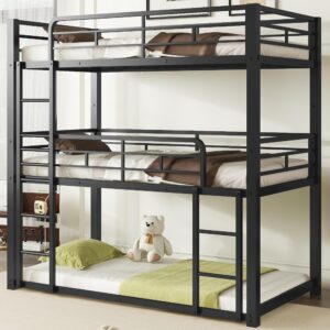 heavy duty triple bunk bed twin over twin over twin, metal 3 bunk bed with 2 ladder and guardrail, twin size triple bunk bed for kids, teens, black