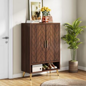 Tribesigns Shoe Cabinet with Doors, 6-Tier 18 Pairs Shoe Storage Cabinet for Entryway, Wooden Entryway Shoe Cabinet with Adjustable Shelves for Living Room, Bedroom (Walnut, Gold Legs)