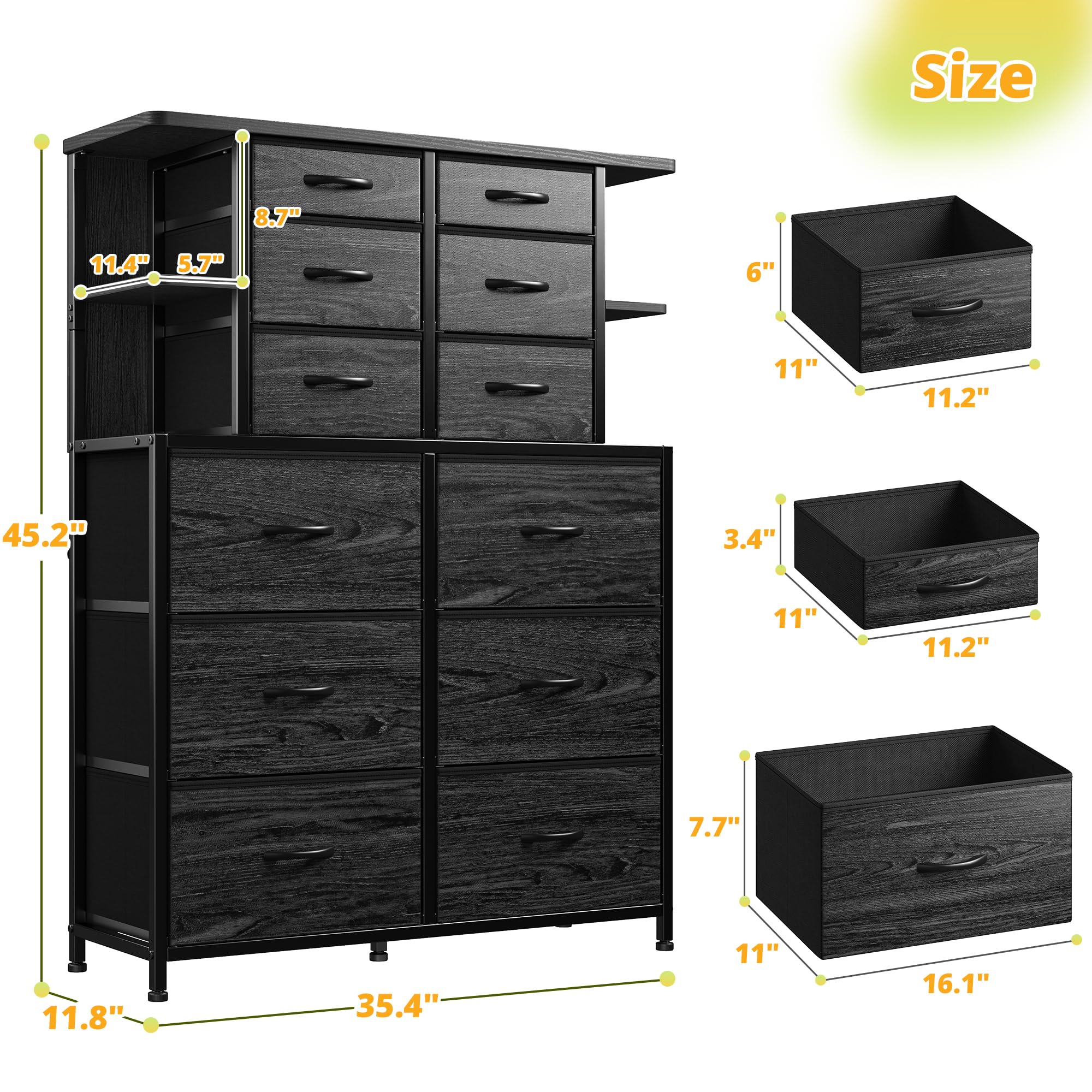 EnHomee Dresser for Bedroom with LED Lights, 12 Drawers Dresser, Black Dresser and Tall Dresser with Shelves, Fabric Dressers & Chests of Drawers with Metal Frame, Black, 45.2" H x 35.4" W x 11.8" D