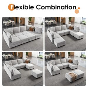 Fiona's magic 106'' Modular Sectional Sofa Sleeper Set, 8 Seats Sleeper Couch with Storage, U Shaped Sofa Couch with USB Charging Port, Modern Comfy Chenille Couch for Living Room, Light Grey