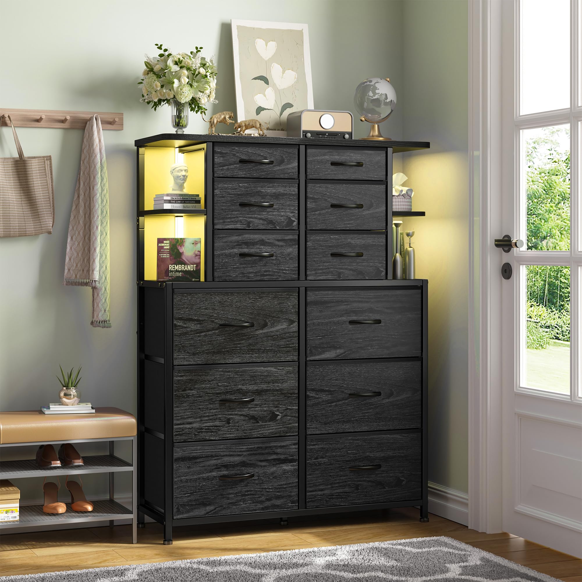 EnHomee Dresser for Bedroom with LED Lights, 12 Drawers Dresser, Black Dresser and Tall Dresser with Shelves, Fabric Dressers & Chests of Drawers with Metal Frame, Black, 45.2" H x 35.4" W x 11.8" D