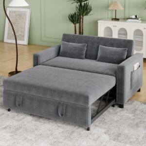 echingle 55.51" sleeper sofa,corduroy convertible sofa bed,pull out sofa bed with 3 level adjustable backrest & storage pockets and 2 toss pillows,modern couch bed for living room,bedroom（grey）