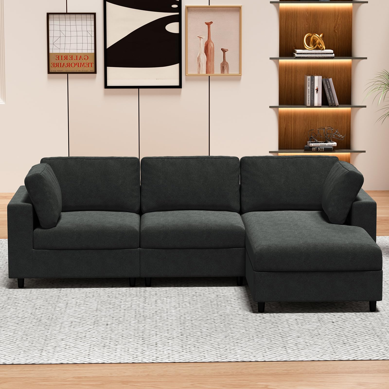 CECER 106" Convertible Sectional Velvet Sofa,4 Seater Oversized Cloud Couch,L Shaped Modern Upholstered Couch with Pillows and Lounge Chaise for Living Room/Office-Dark Grey