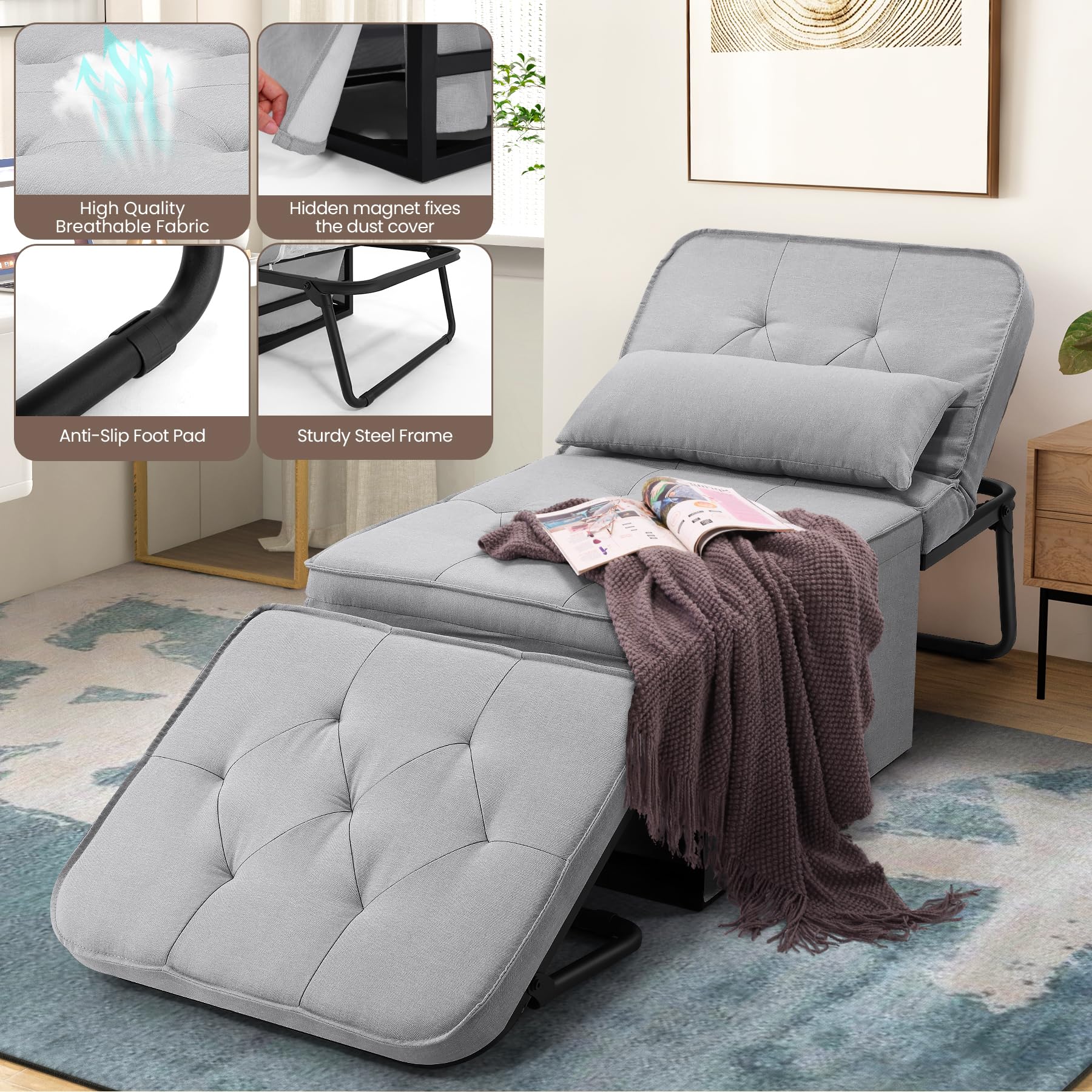 SEJOV Sofa Bed, 4 in 1 Multi-Function Sleeper Sofa, Convertible Sleeper Chair, Assembly-Free Chair Bed with Adjustable Backrest, Breathable Linen Sofa Chair for Living Room Apartment, Grey