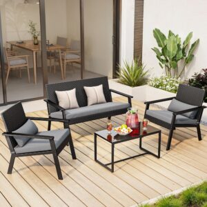 ahomly 4 pieces outdoor patio furniture set, wicker patio conversation set balcony furniture with wide seating & glass table for backyard,porch(gray)