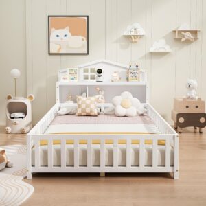 deinppa full size floor platform bed with storage shelf and openable gate, montessori kids platform bed frame with bookcase headboard for toddler kids child boys girls- white