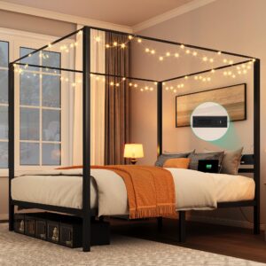 yitahome canopy bed frame queen, four poster bed with charge station & star-shaped led light, 14 inch platform with built-in headboard strong metal slat mattress support, no box spring needed, black