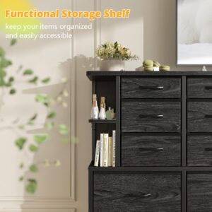 EnHomee Dresser for Bedroom with LED Lights, 12 Drawers Dresser, Black Dresser and Tall Dresser with Shelves, Fabric Dressers & Chests of Drawers with Metal Frame, Black, 45.2" H x 35.4" W x 11.8" D