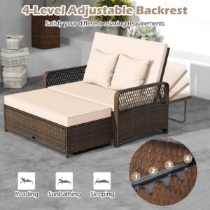 Tangkula Patio Adjustable Wicker Daybed, Rattan Loveseat & Storage Ottoman w/ 4-Level Backrest & Soft Cushions, Space-Saving 2-Person Sun Lounger for Backyard, Porch (Beige)