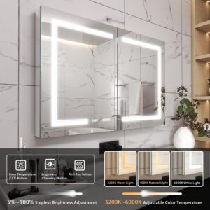 Benime 48×32 Inch Lighted Mirror Medicine Cabinet, Bathroom Wall Cabinet with Defogger, Dimmer, 3 Light Colors, Clock, Room Temp Display, Outlets, USBs, Recessed/Surface Vanity Mirror