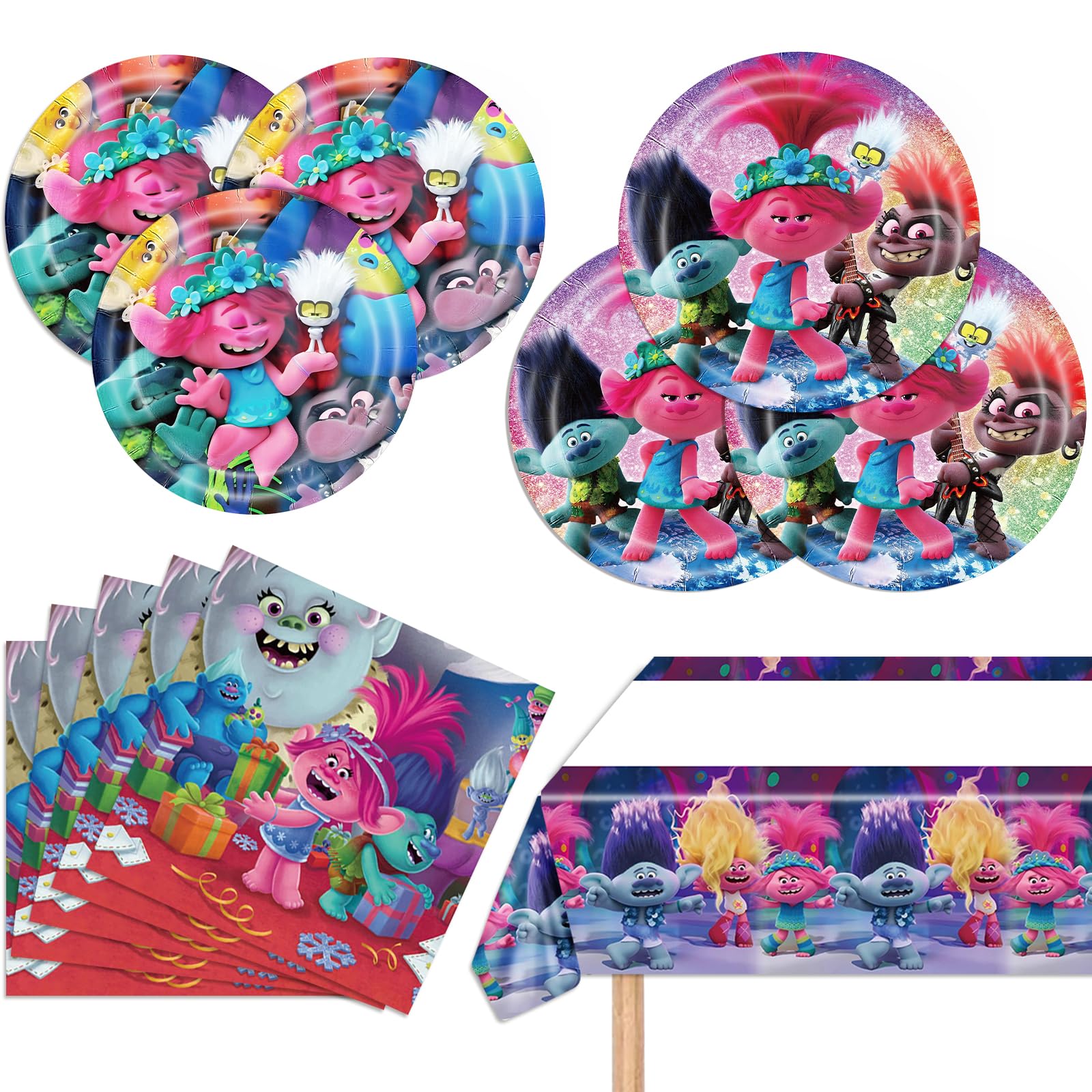 Trolls Birthday Party Decorations, 20 Plates, 20 Napkins and 1 Tablecover for Trolls Party Supplies